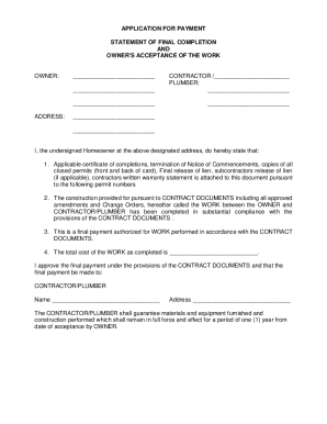 Fillable Online Statement of Final Completion and Owner's Acceptance of ...