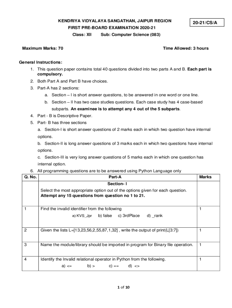 Fillable Online 2020-21 Computer Science (083) Sample Question Paper ...