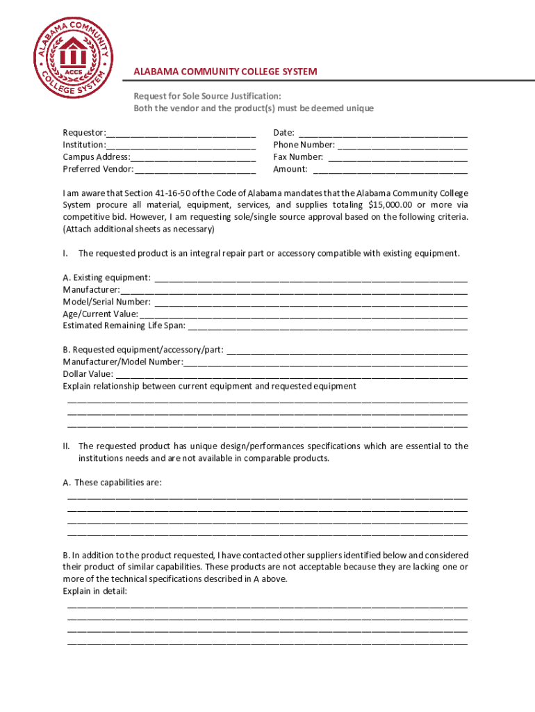 Fillable Online Sole Source Justification Form - AVC Fax Email Print - pdfFiller
