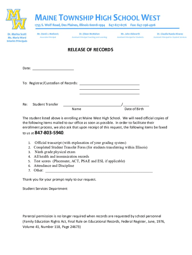 Fillable Online AUTHORIZATION FOR RELEASE OF SCHOOL RECORDS I Fax Email ...