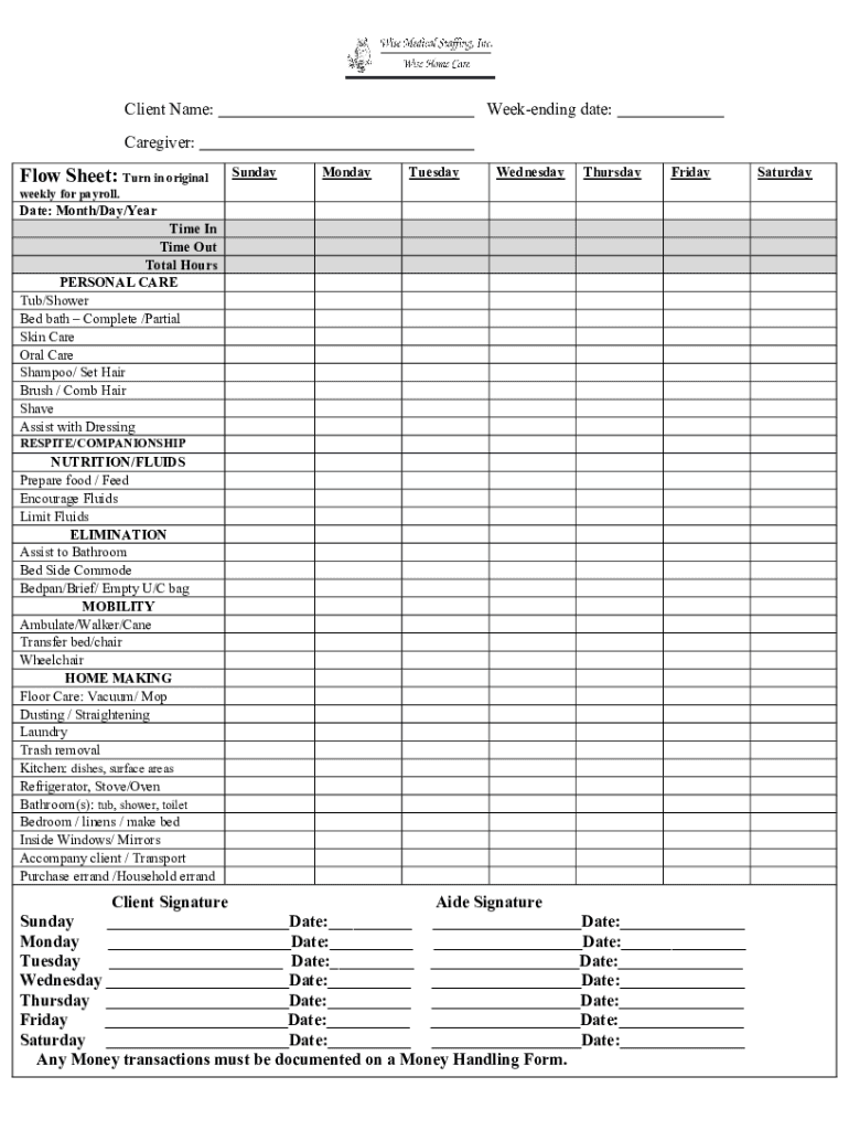 Caregiver Weekly Flow Sheet - Blank Fillable Template | Fill Out, Print ...