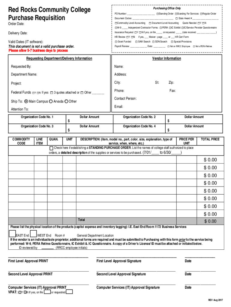 Fillable Online Red Rocks Community College Standing Purchase Requisition Fax Email Print ...