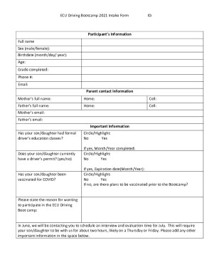 Fillable Online ECU Driving Bootcamp 2021 Intake Form ID: Participant's ...