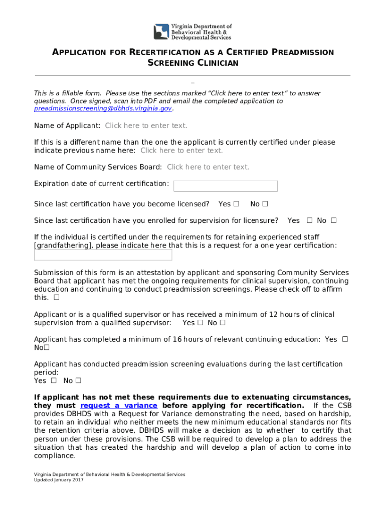 Request for Variance from Requirements for Certification of ... - dbhds ...