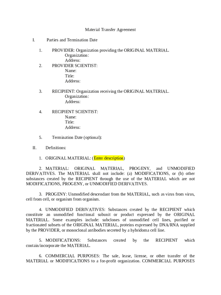 Simple Data/Material Transfer and Use Agreement Doc Template | pdfFiller