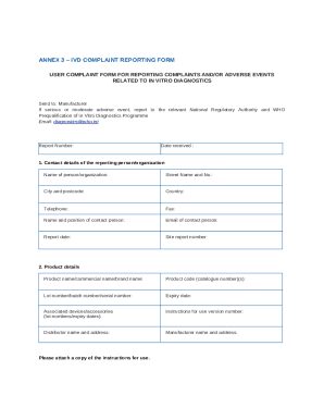 ANNEX 3IVD COMPLAINT REPORTING USER Doc Template | pdfFiller