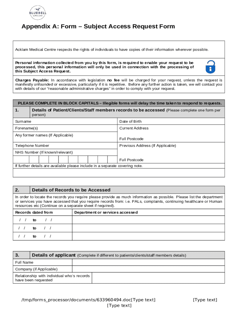 Subject Access Request Layton Medical Centre Doc Template | pdfFiller
