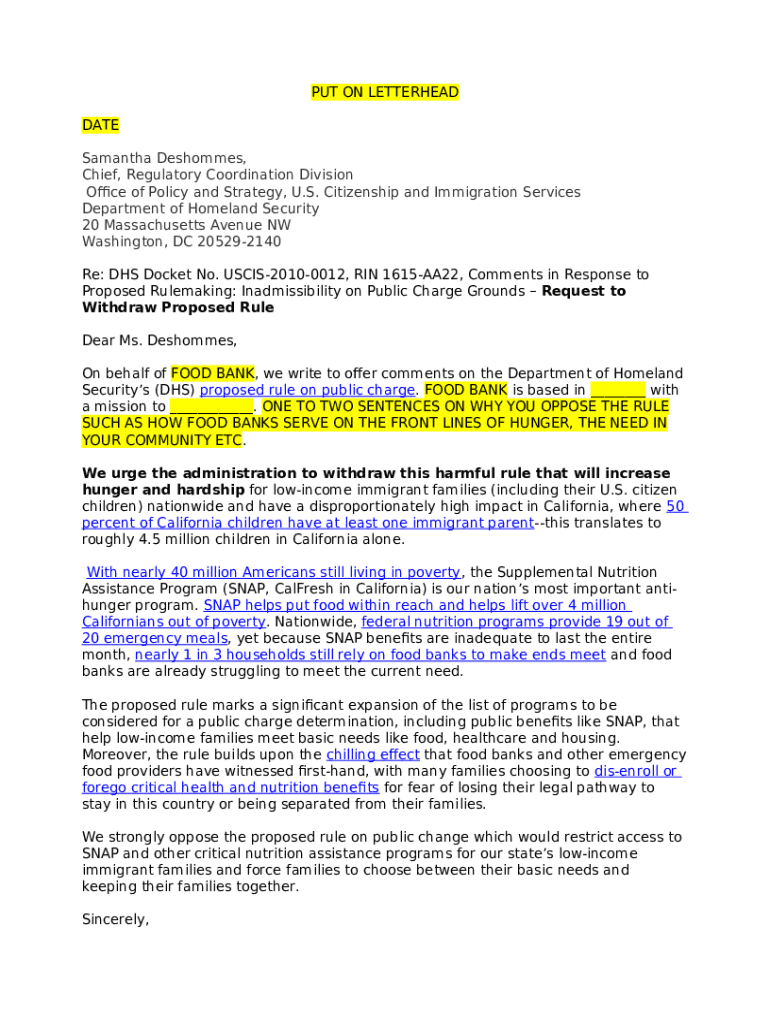 Public Charge Organizational Comment Template Doc Template | pdfFiller