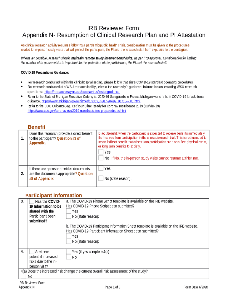 IRB Reviewer : Appendix N- Resumption of In-Person ... Doc Template ...