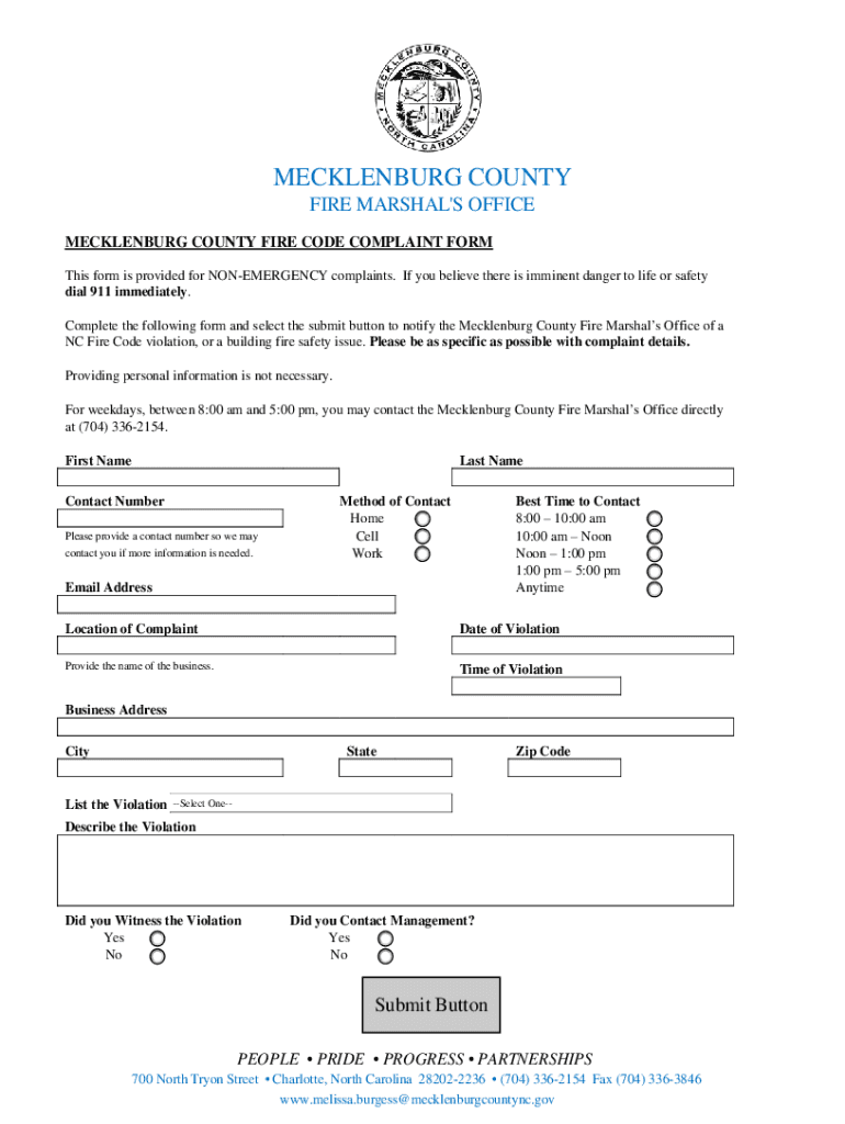 Fillable Online Fire Marshal's Forms And Applications - Mecklenburg County Fax Email Print ...