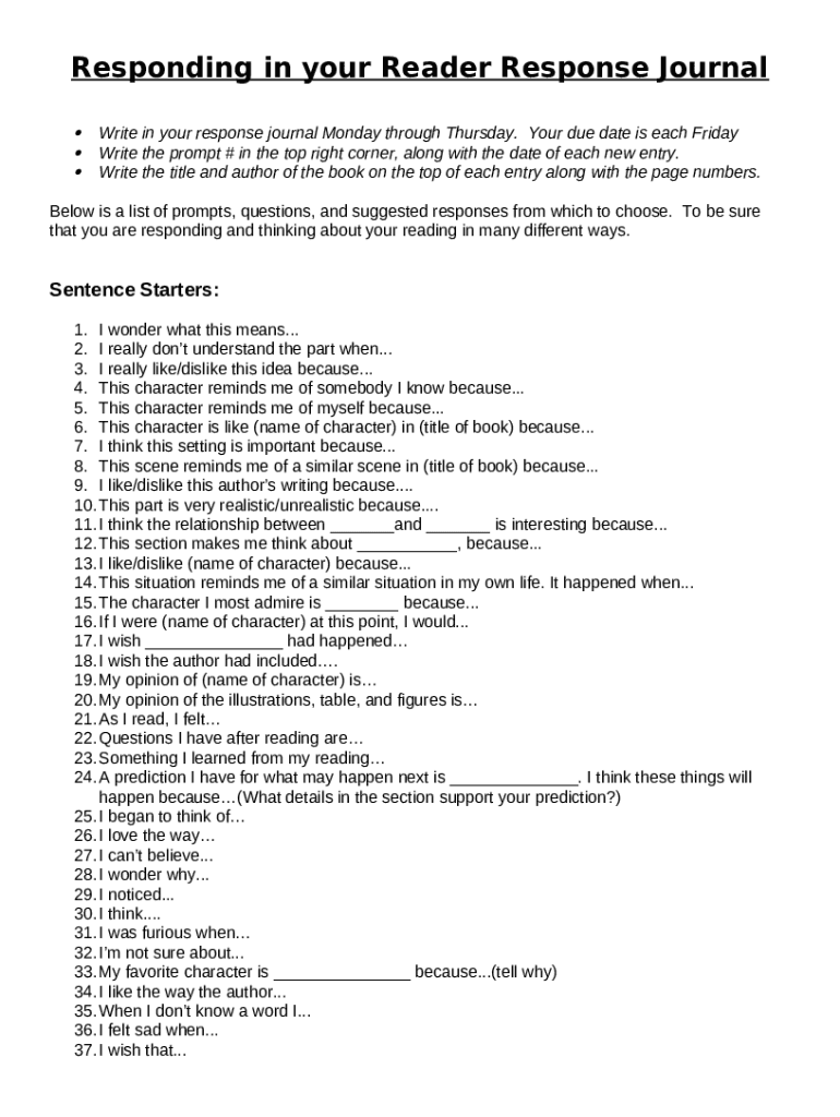 Responding in your Reader Response Journal - Center Grove Doc Template | pdfFiller