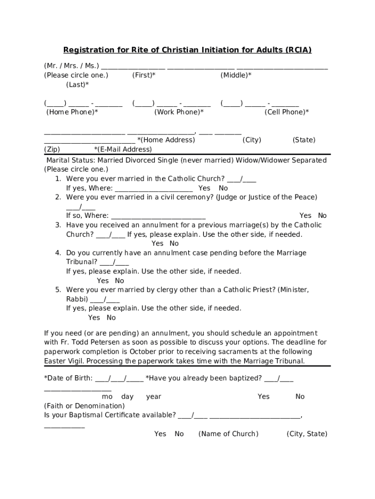 RCIA Application - San Gabriel Mission Church Doc Template | pdfFiller