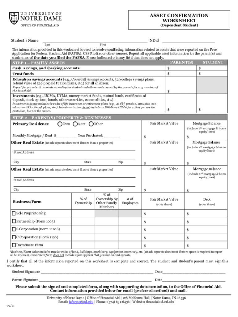 Fillable Online financialaid nd ASSET CONFIRMATION WORKSHEET - Office ...