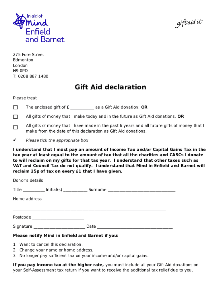 Gift Aid Declaration - Rainbow Centre Folkestone Doc Template | pdfFiller