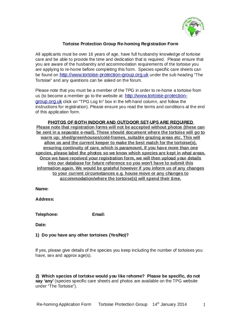 Tortoise Protection Group Re-homing Application Doc Template | pdfFiller