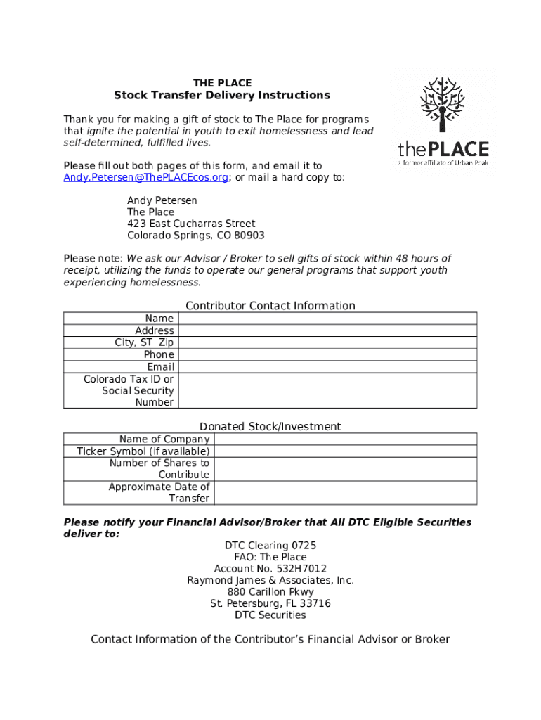 Donor -Stock Donation Instructions - The Place Doc Template | pdfFiller
