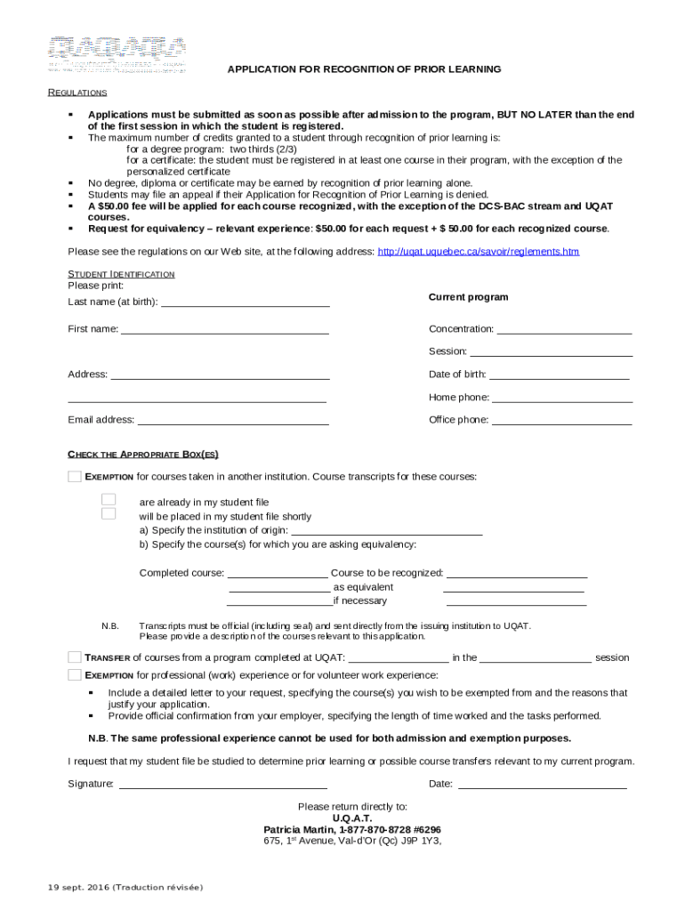 AUT - Recognition of Prior Learning Doc Template | pdfFiller