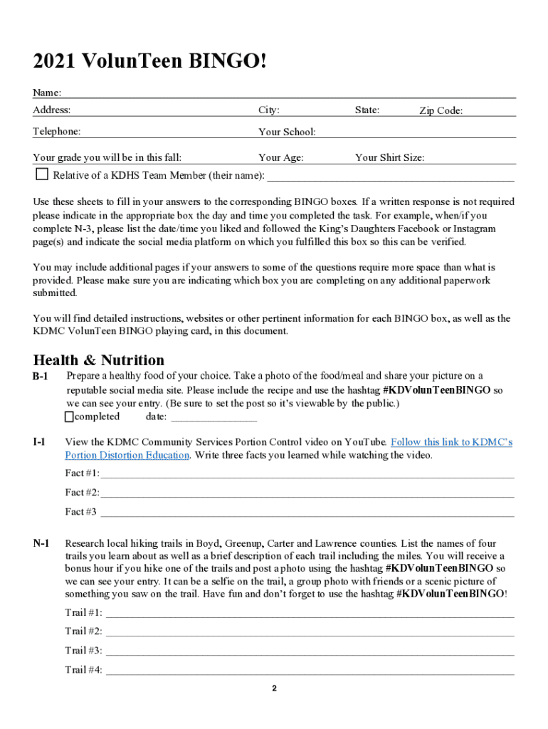 Fillable Online 2021 VolunTeen BINGO! - King's Daughters Health System Fax Email Print - pdfFiller