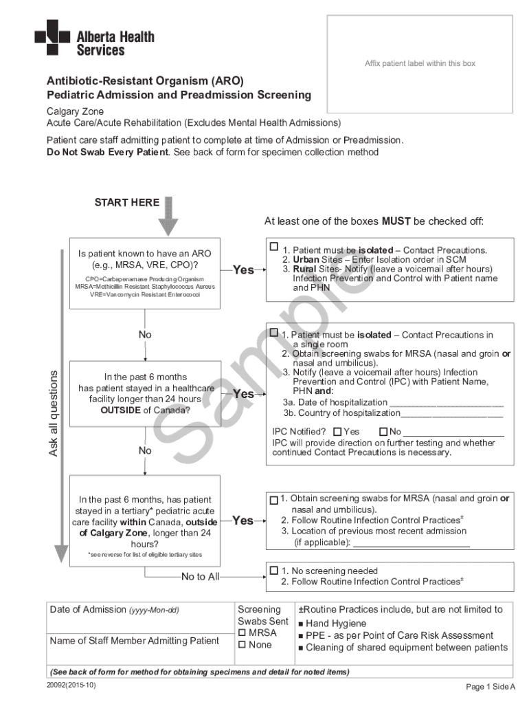 Fillable Online Antibiotic Resistant Organism (ARO) Pediatric Admission ...