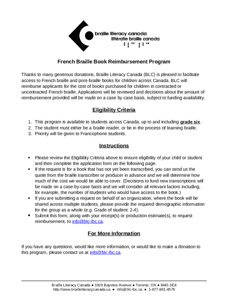French Braille Book Reimbursement Application Doc Template | pdfFiller
