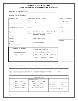 Fillable Online PAYROLL INFORMATION TO BE COMPLETED BY SUPERVISORY ...