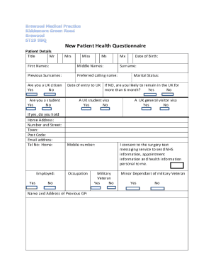 Fillable Online New Patient Health Questionnaire for Adults Patient ...