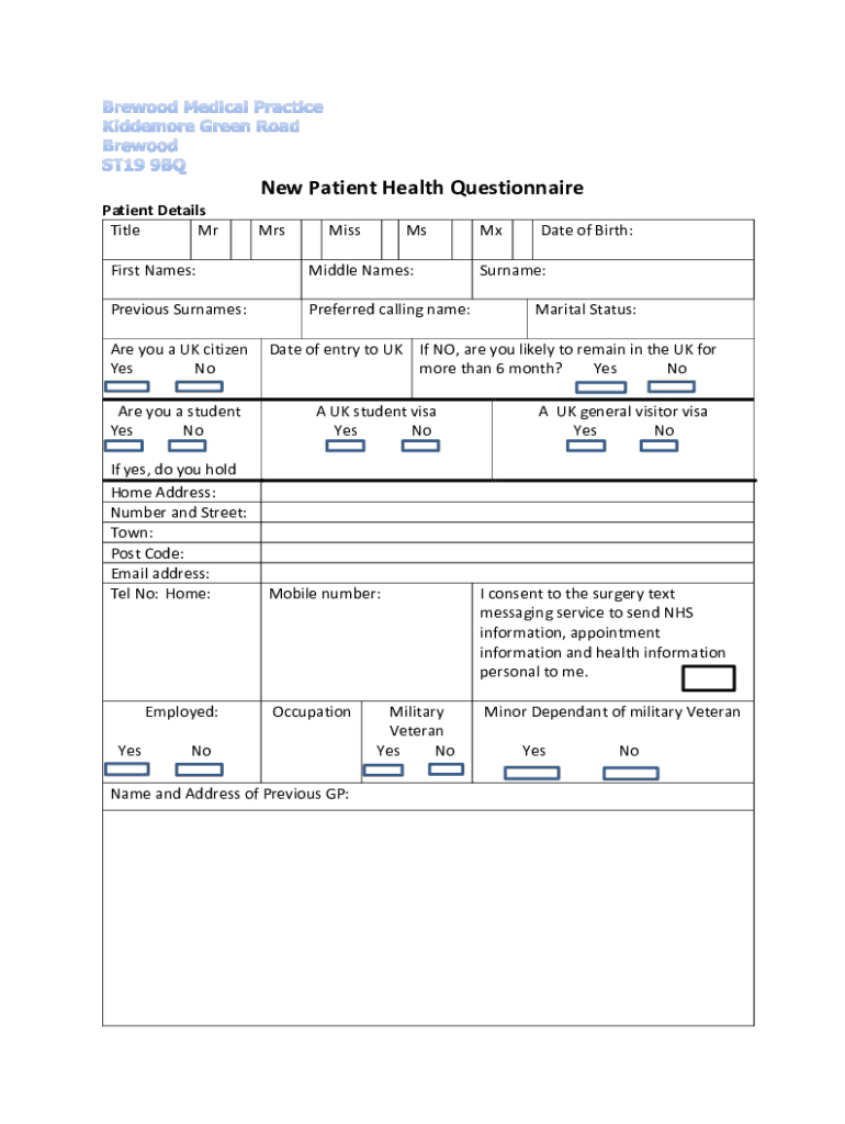 Fillable Online New Patient Health Questionnaire for Adults Patient ...
