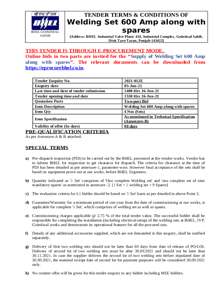 Supply of Welding Set 600 Amp along with spares Doc Template | pdfFiller