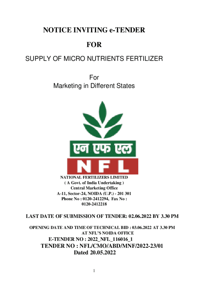Fillable Online Tender and Notice - Department of Fertilizers Fax Email Print - pdfFiller