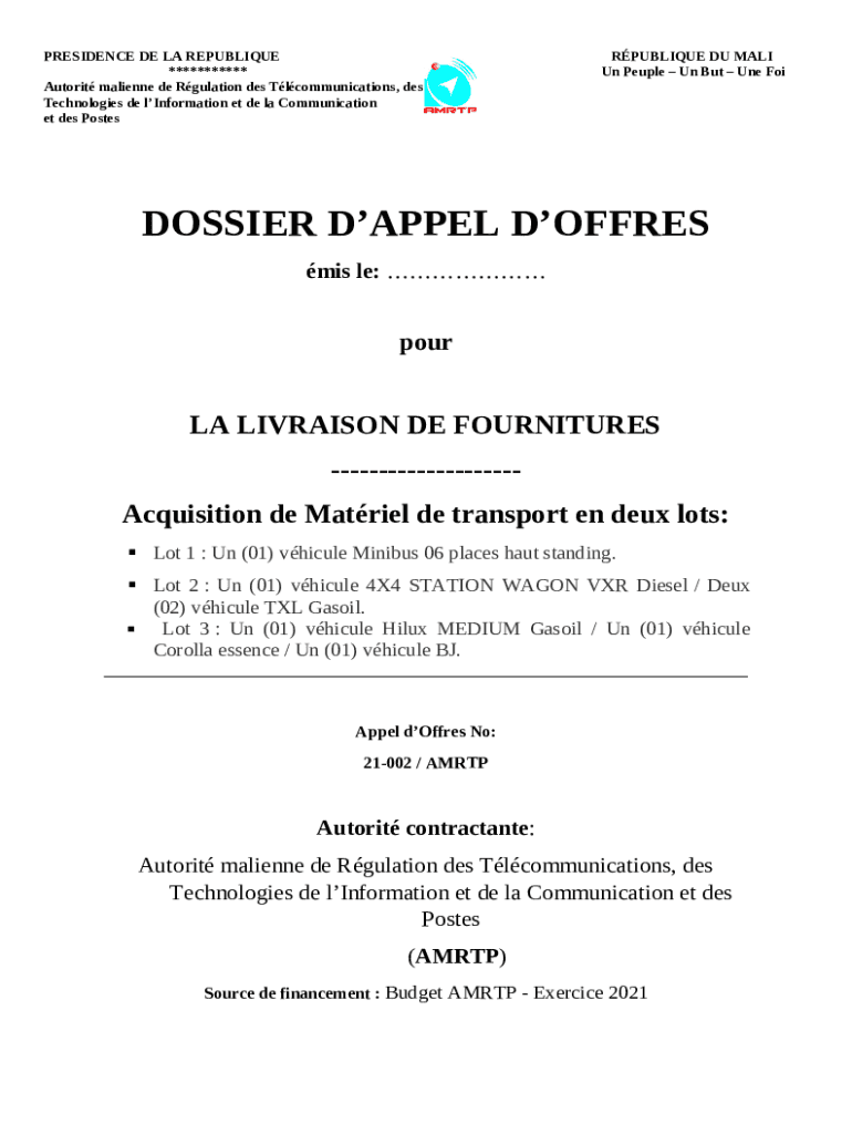 DOSSIER D'APPEL D'OFFRES STANDARD POUR L' ... Doc Template | pdfFiller