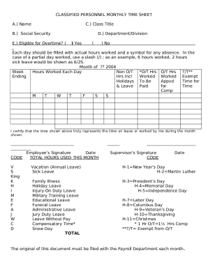 CLASSIFIED PERSONNEL MONTHLY TIME SHEET Doc Template | pdfFiller