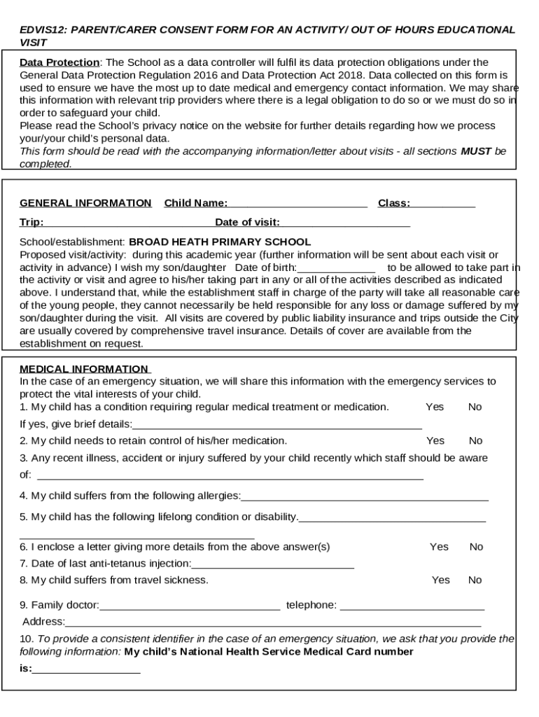 EDVIS12: PARENT/CARER CONSENT FOR AN ... Doc Template | pdfFiller