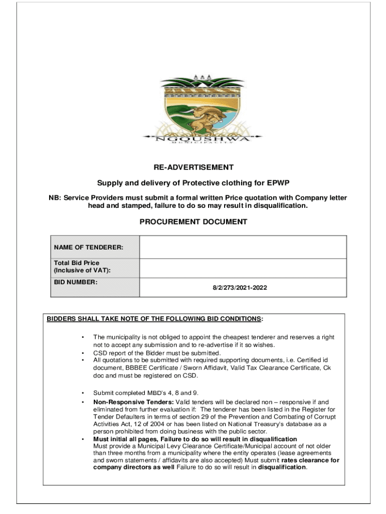 Fillable Online ngqushwamun gov Supply and delivery of Protective ...
