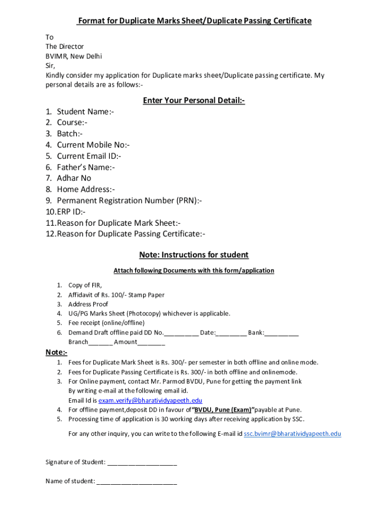 Fillable Online Duplicate Mark Sheet Application in EnglishCertificate Fax Email Print - pdfFiller