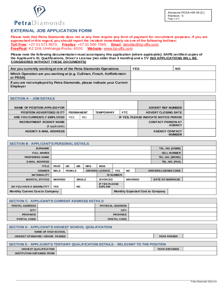 EXTERNAL JOB APPLICATION - Petra Diamonds Doc Template | pdfFiller