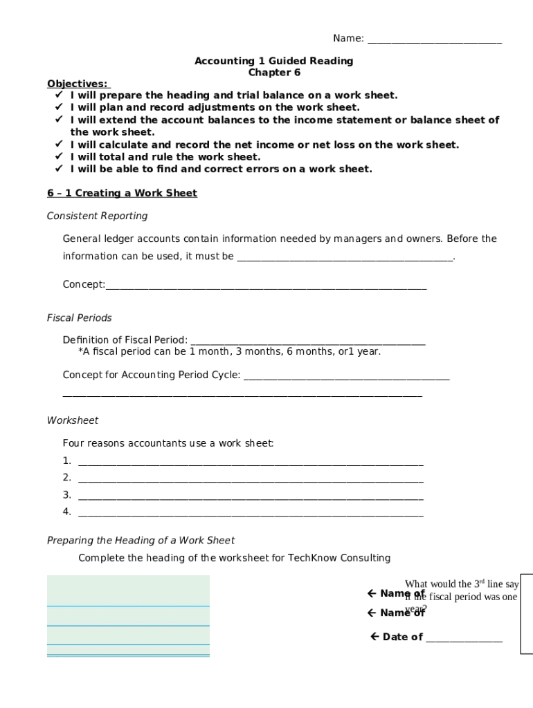 Chapter ObjectivesWork Sheet and Adjusting E Doc Template | pdfFiller