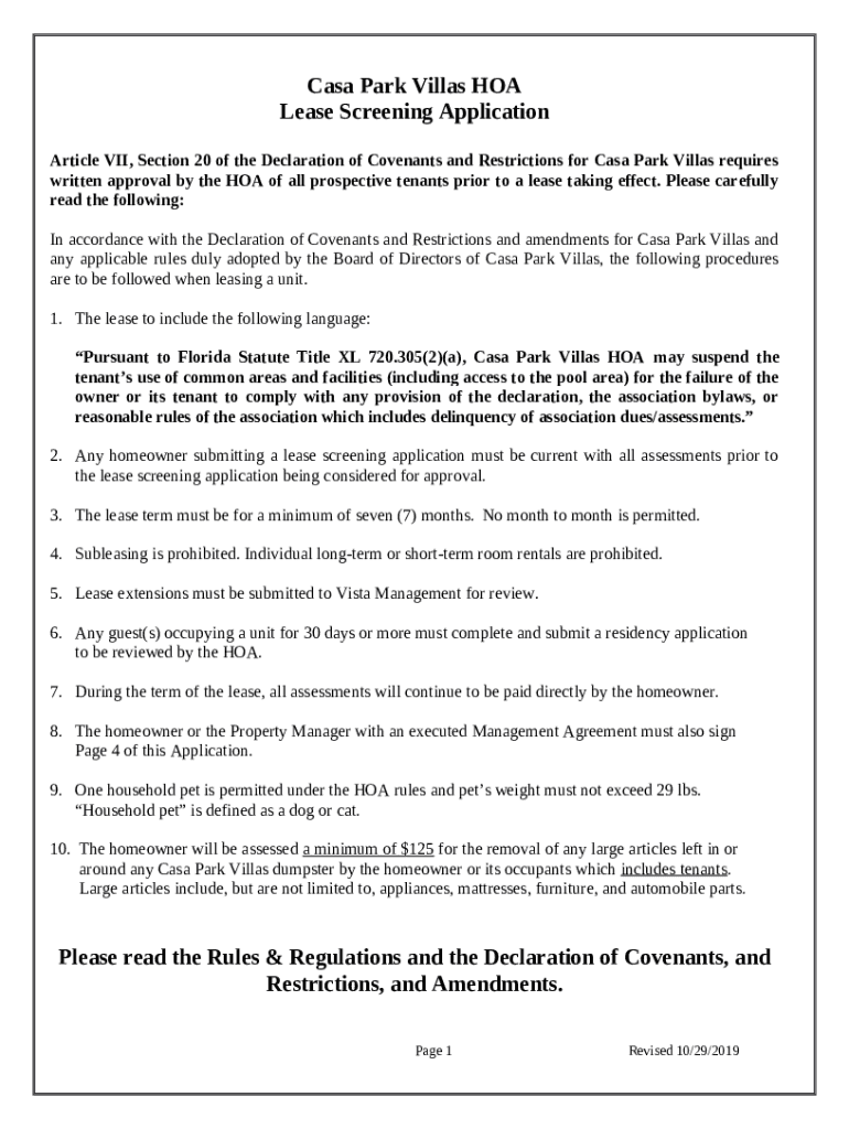 Casa Park Villas HOA Lease Screening Application Doc Template | pdfFiller