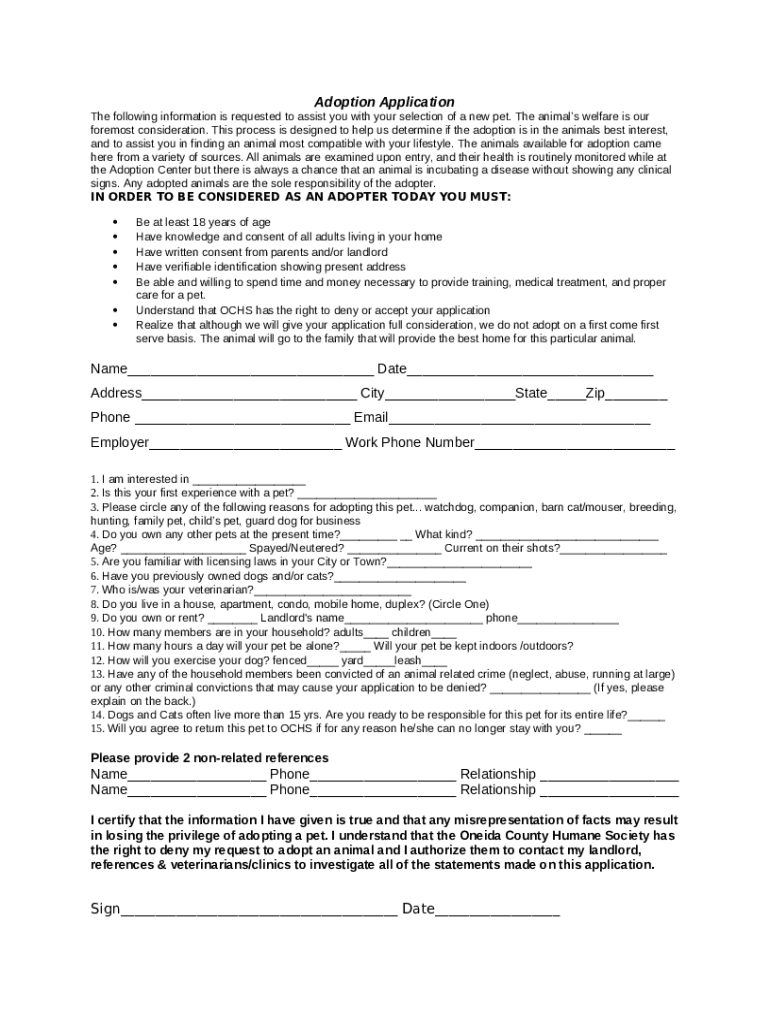 CHS Cat Adoption Doc Template | pdfFiller