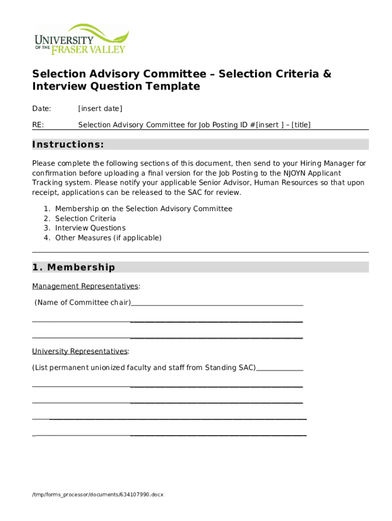 Selection Criteria & Interview Question Template Doc Template | pdfFiller