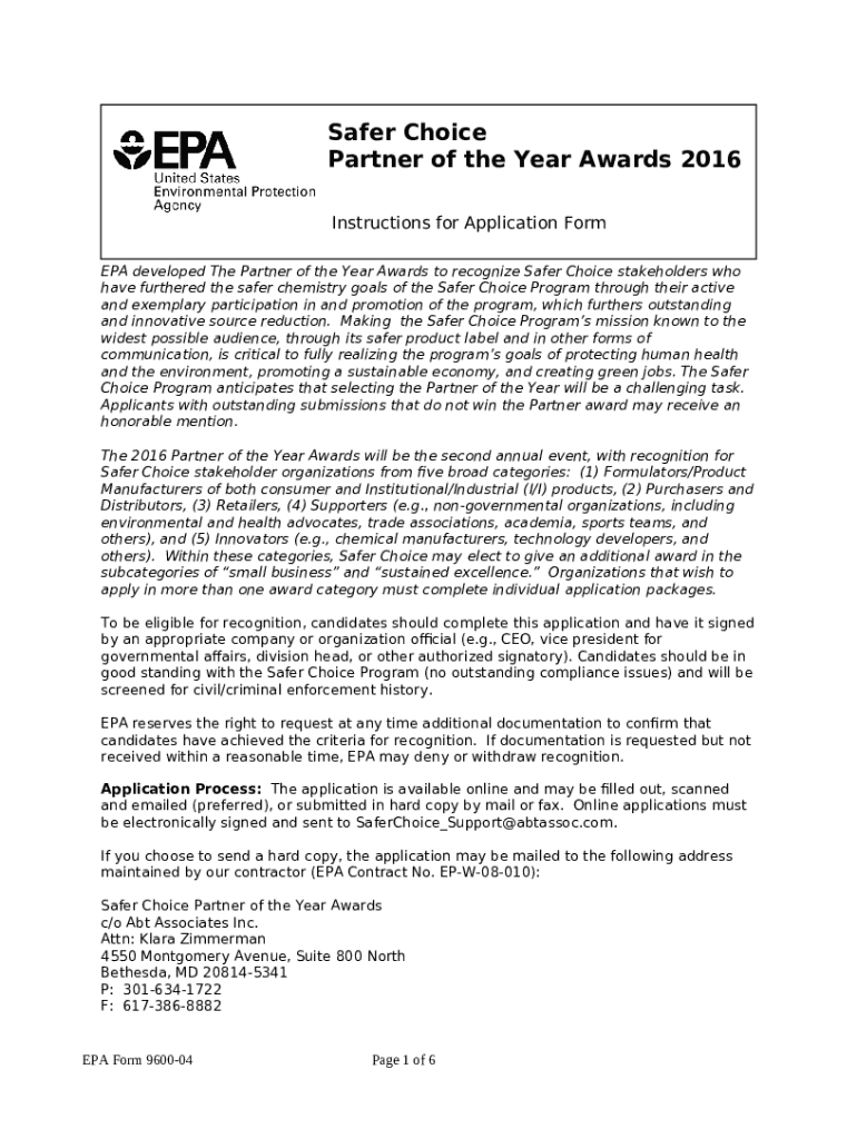 Safer Choice Partner of the Year AwardsUS EPA Doc Template | pdfFiller