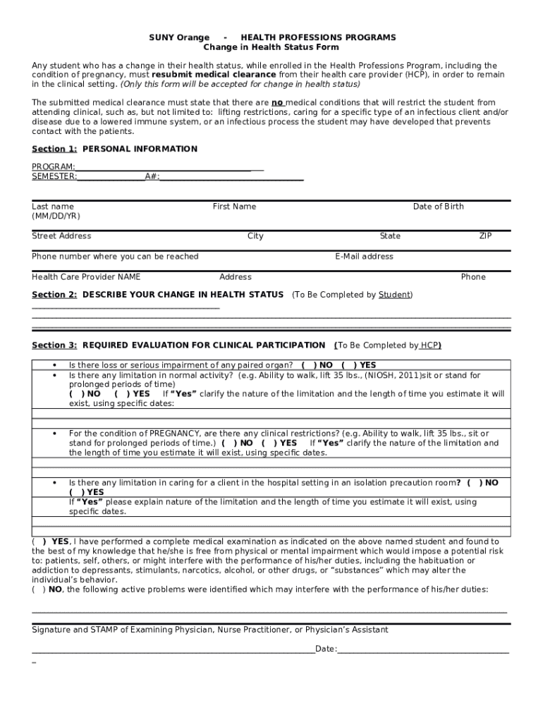 Change in Health Status (Health Professions) PDF Doc Template | pdfFiller
