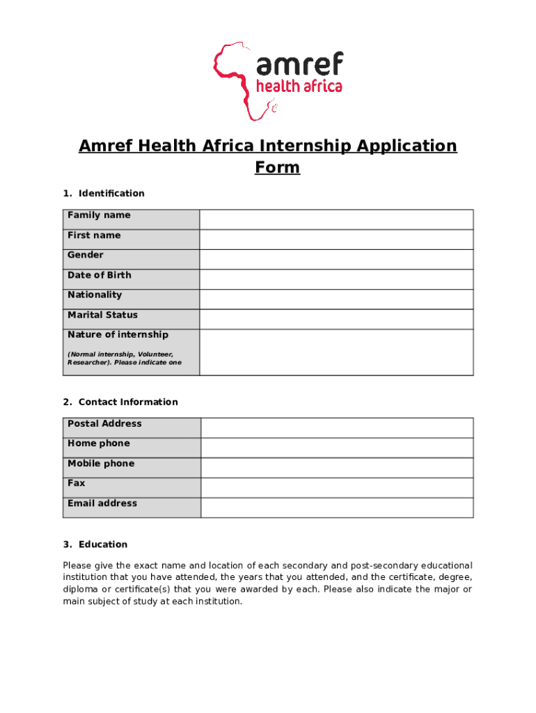 amref internship application Doc Template | pdfFiller
