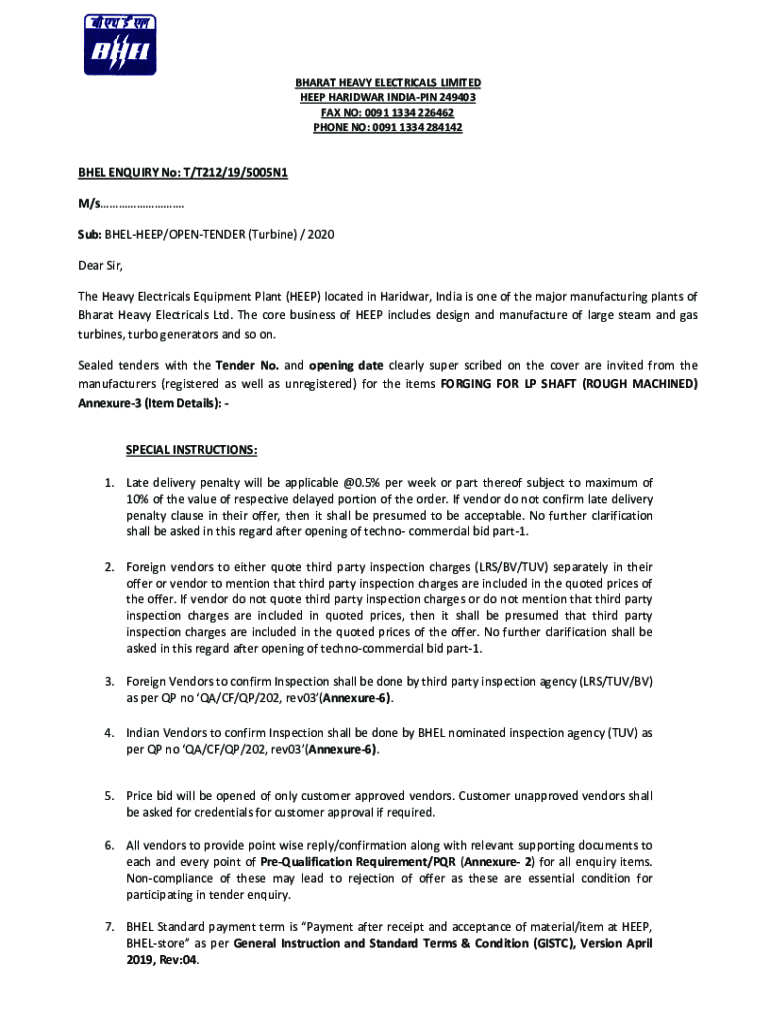 Fillable Online open tender - Bharat Heavy Electricals Ltd. Fax Email Print - pdfFiller