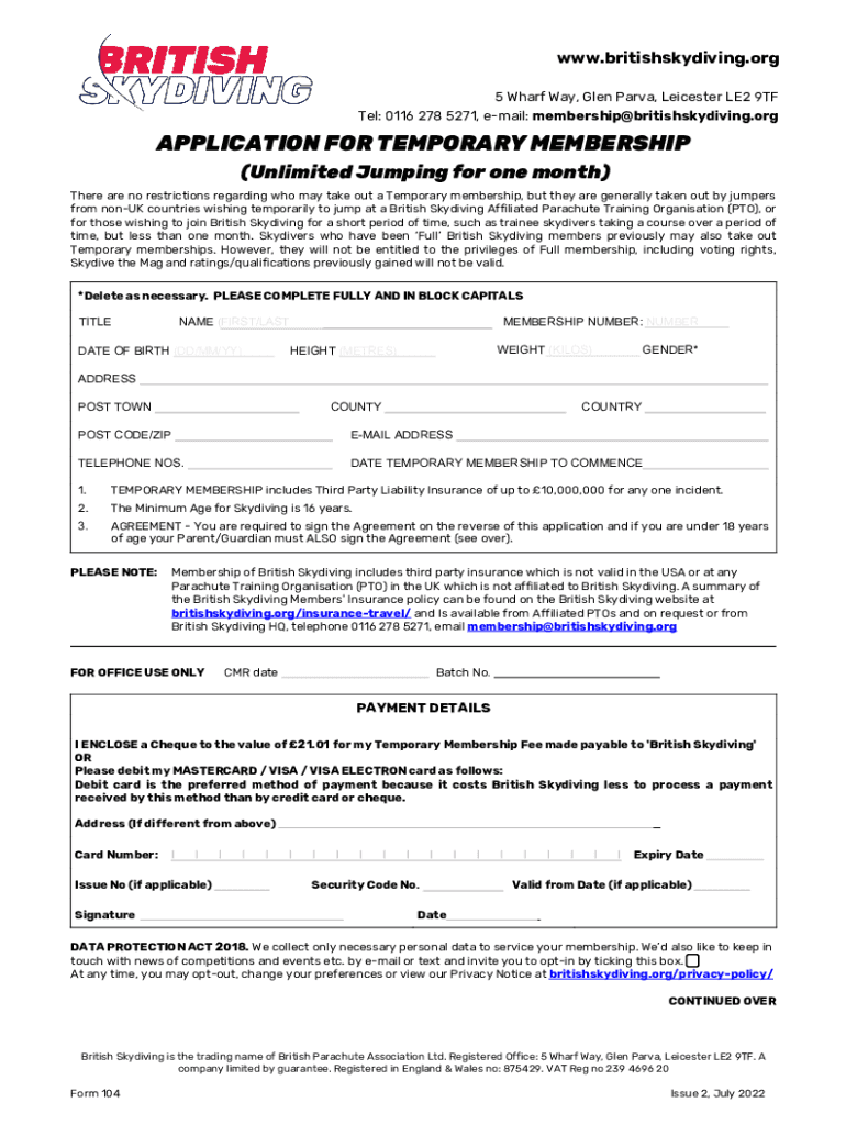 Fillable Online Contact Us - British Skydiving Fax Email Print - pdfFiller