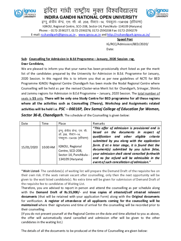 Fillable Online rcchandigarh ignou ac Indira Gandhi National Open University study centre rcl ...