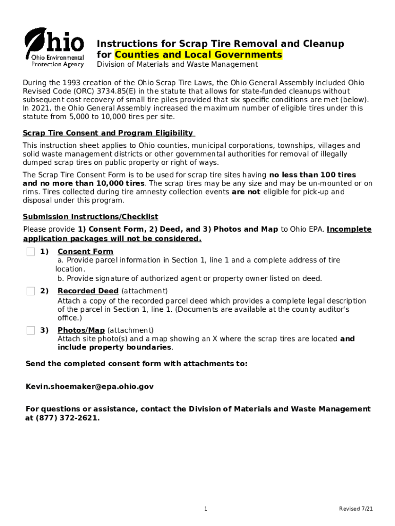 Instructions for Scrap Tire Removal and Cleanup ... - Ohio EPA - epa ohio Doc Template | pdfFiller
