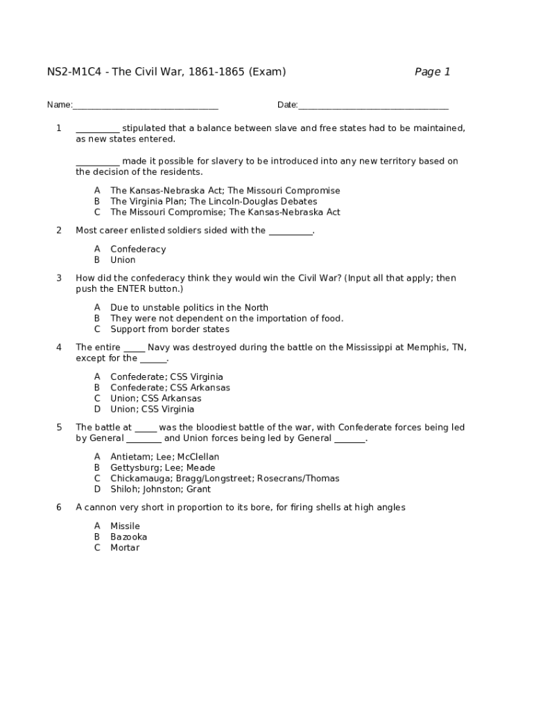 US History Unit 2 Exam Civil War Doc Template | pdfFiller