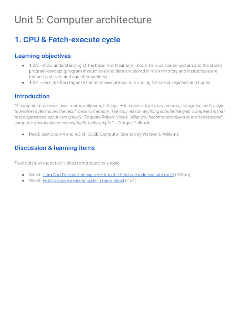 Fillable Online Unit 5 Computer Architecture 1 Cpu And Fetch Execute Cycle Fax Email Print