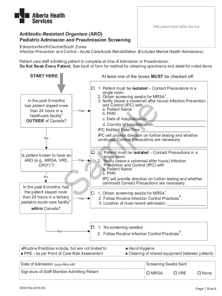 Fillable Online Antibiotic-Resistant Organism (ARO) Pediatric Admission ...