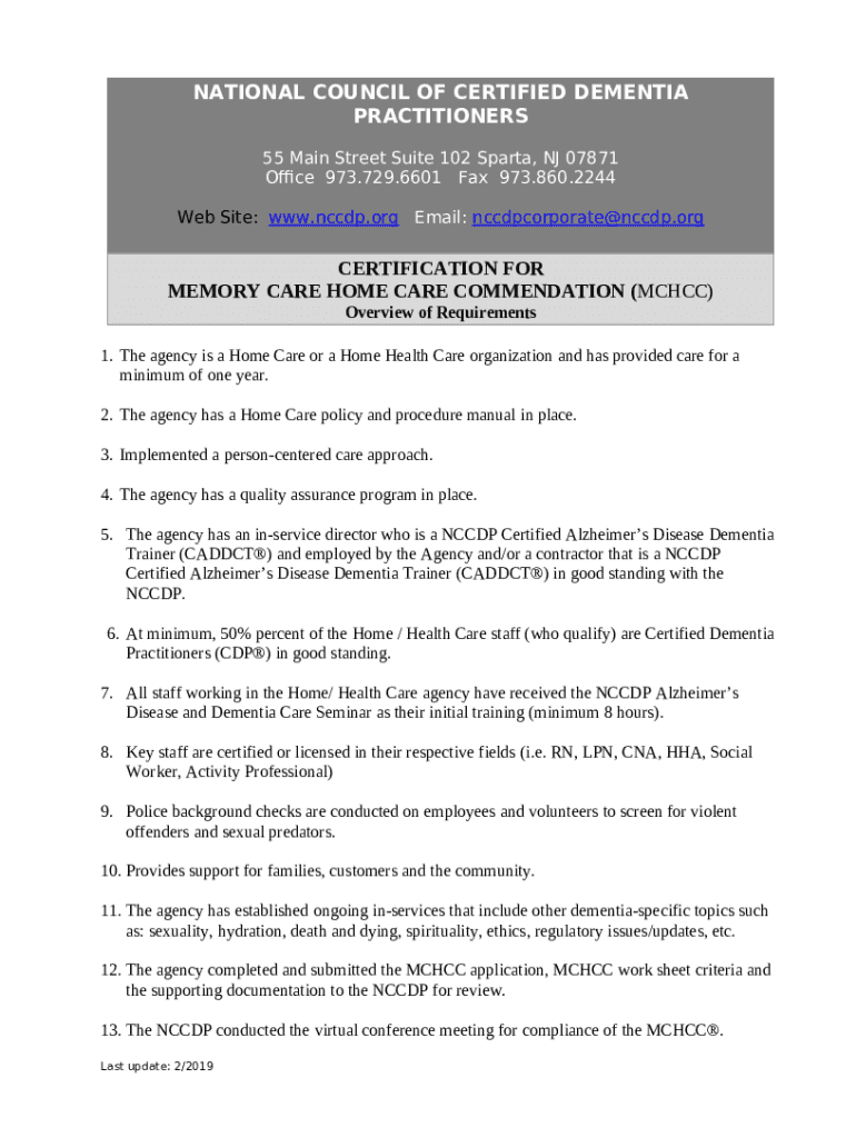 certification for memory care home care commendation (cmchcc) Doc Template | pdfFiller